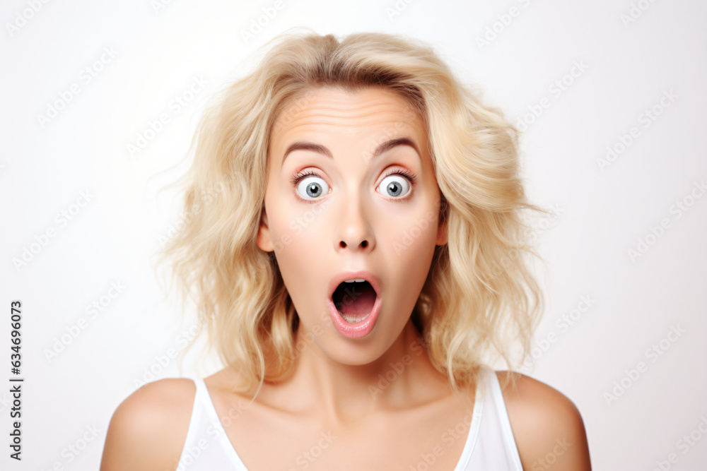 A stunning blonde woman displaying an expression of shock and surprise ...