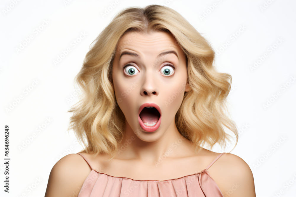 A stunning blonde woman displaying an expression of shock and surprise ...