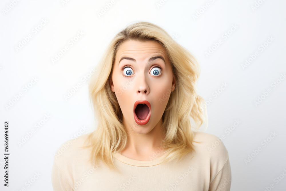 A stunning blonde woman displaying an expression of shock and surprise ...