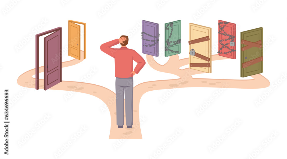 Two mutually exclusive paths to choose from, man choosing between easy ...