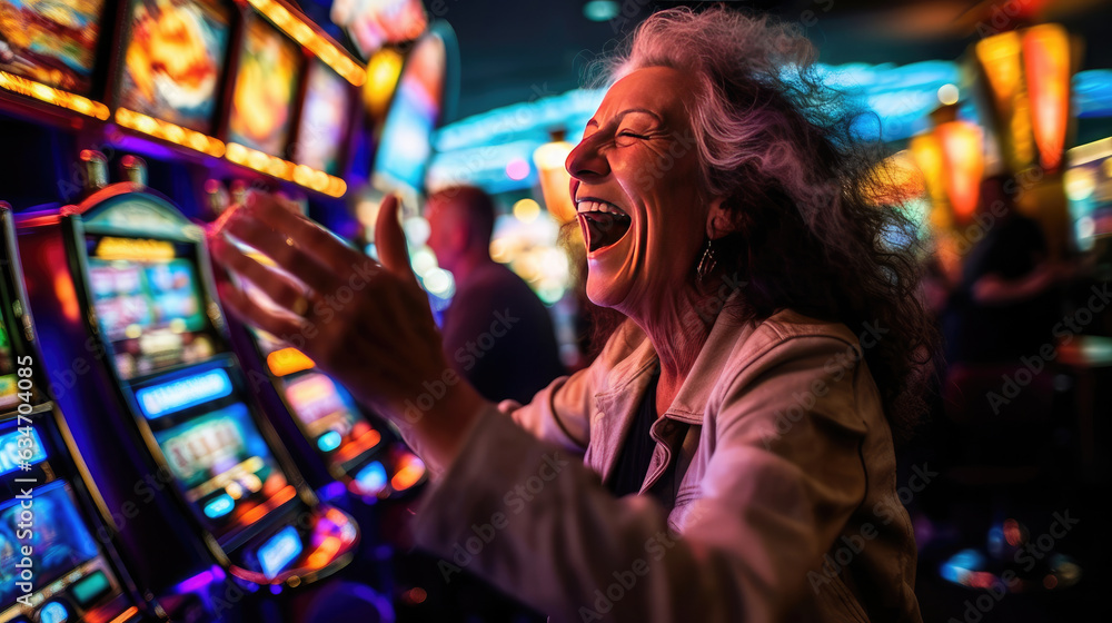 A woman happily celebrates her jackpot win on a slot machine in a ...