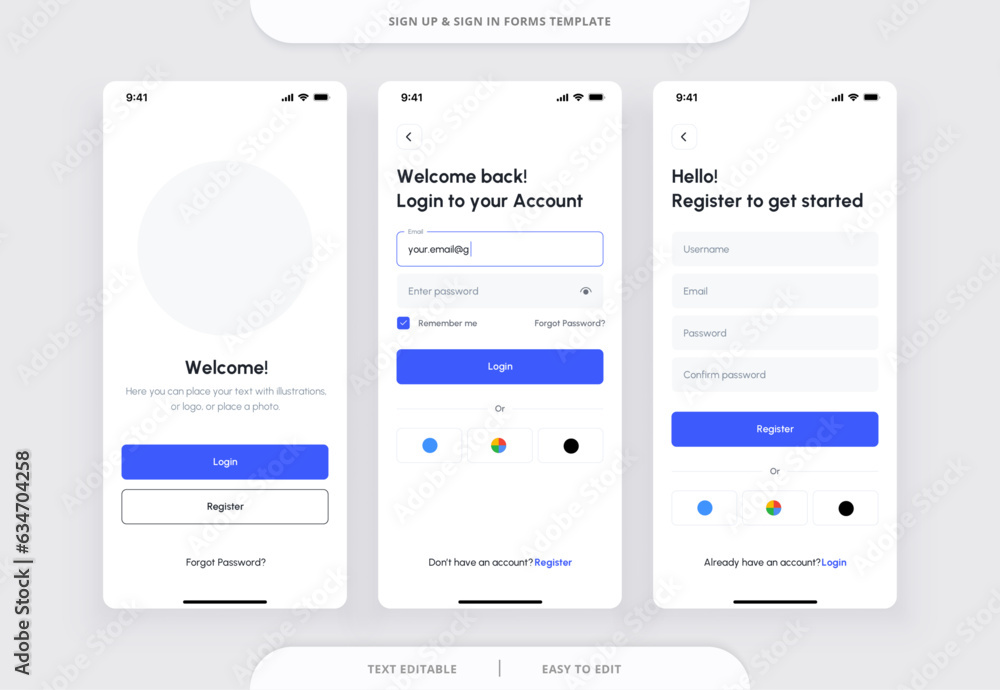 Login and Register App UI Kit. Sign Up and Sign In forms. Forms page for mobile app. Vector ...