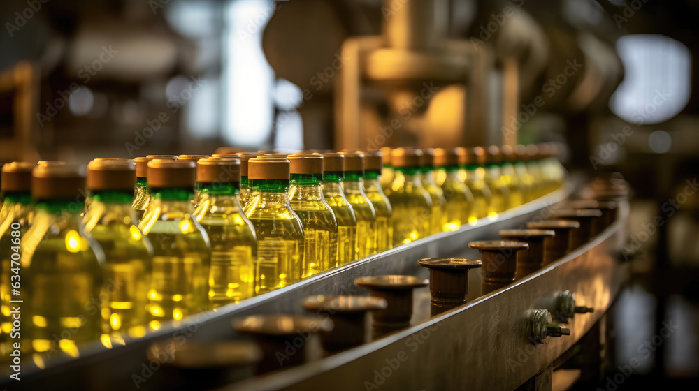 Cooking oil-filled bottles moving gracefully along a conveyor belt in a ...