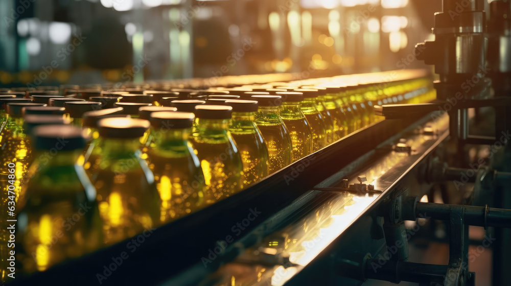 Foto de Cooking oil-filled bottles moving gracefully along a conveyor ...