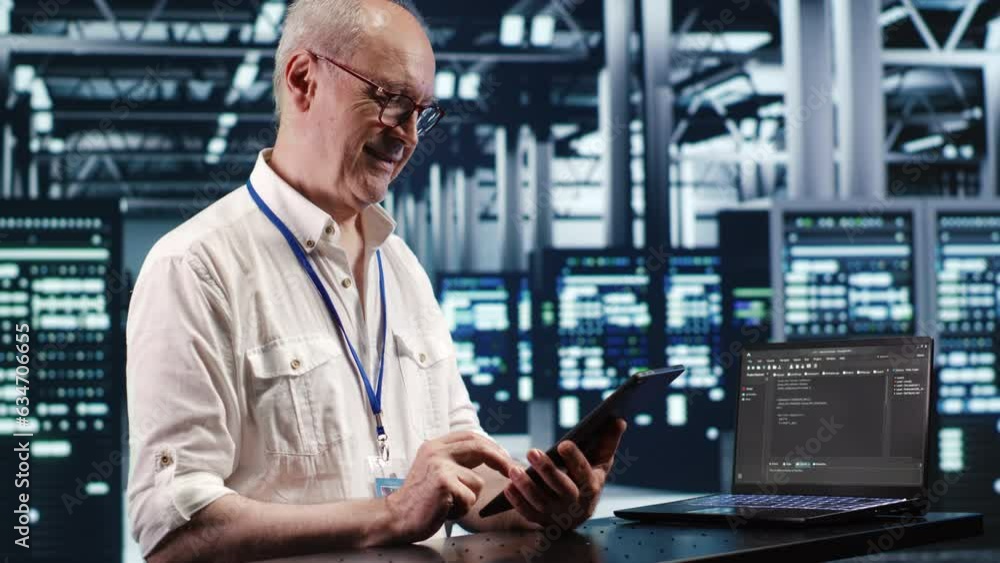 Old system administrator in data center, solving tasks on tablet while running scripts on laptop ...