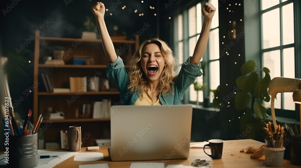 Ecstatic woman sits at a desk, overwhelmed with joy, celebrating her ...