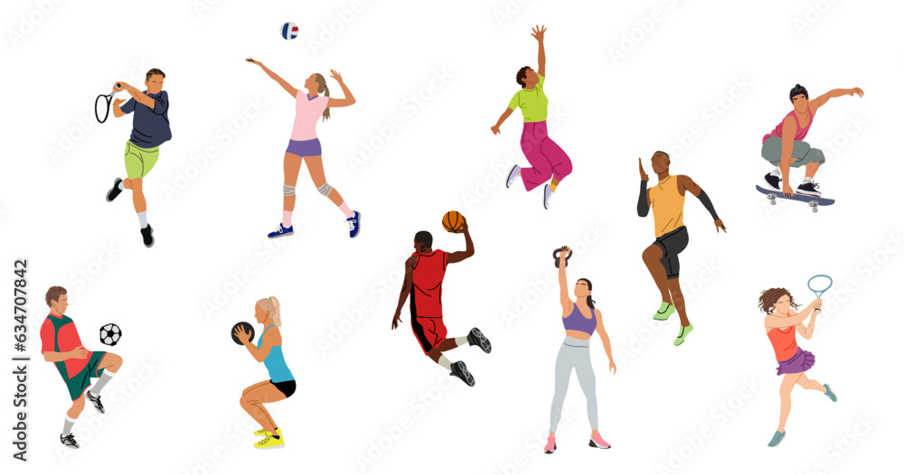 Collection of different men and women performing various sports ...