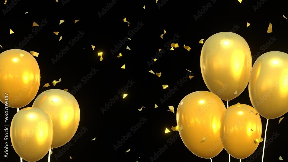 3d animation of golden balloons and confetti falling. Video with ...