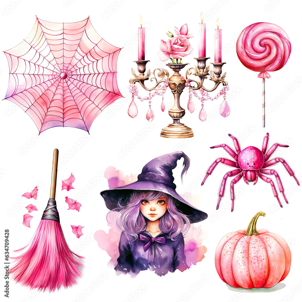 Watercolor pink halloween set collection with spiderweb, candelabra ...