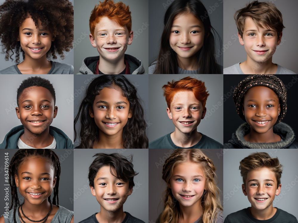 Collage of ethnically different happy kids, modern people portraits ...