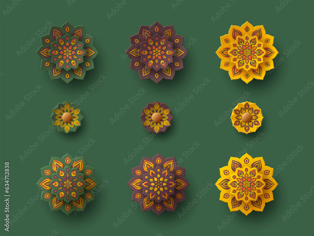 Paper cut style of Indian Rangoli for Diwali, festival of lights. Green ...