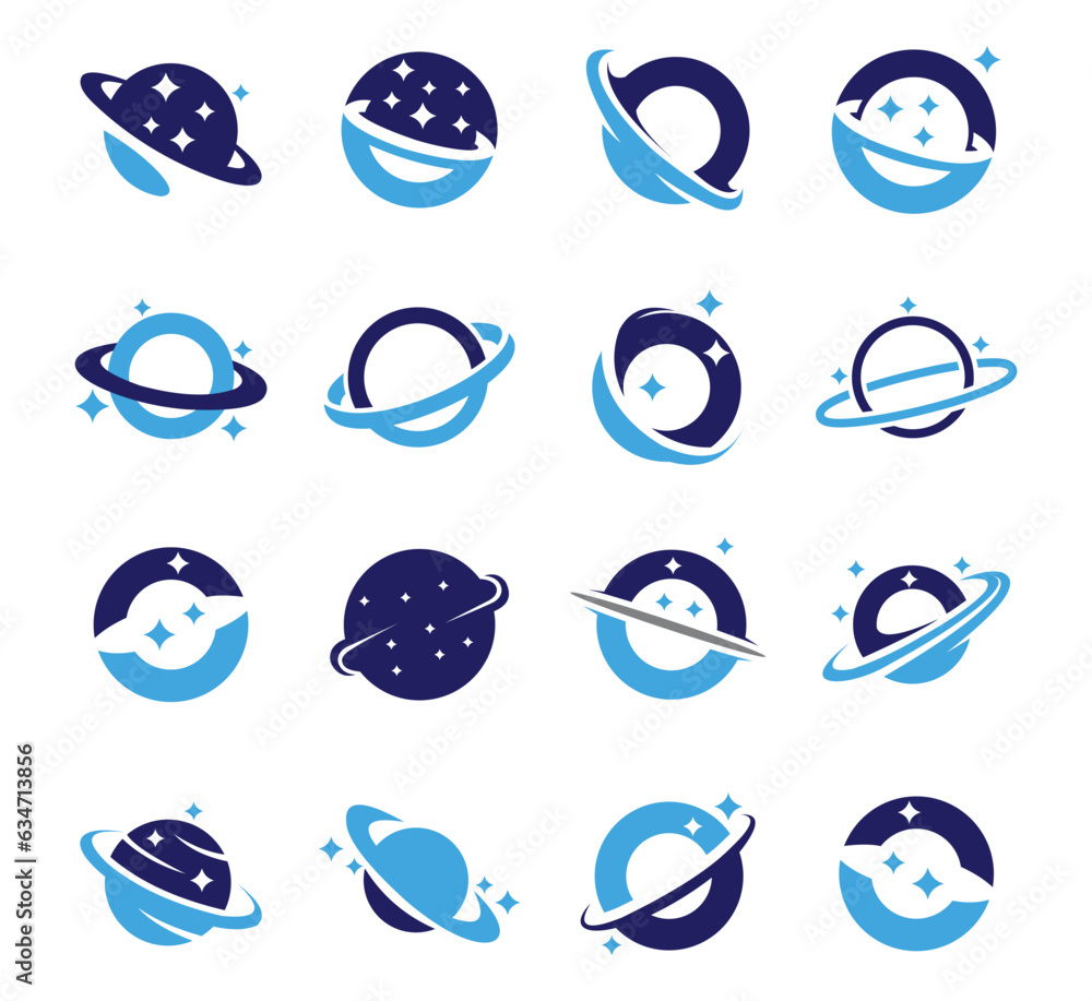 Set of space emblems, space logo, planet logo, flying rocket, astronaut ...