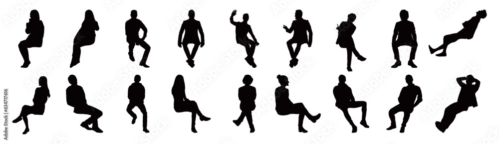 Vector set of detailed people sitting silhouettes isolated on white ...