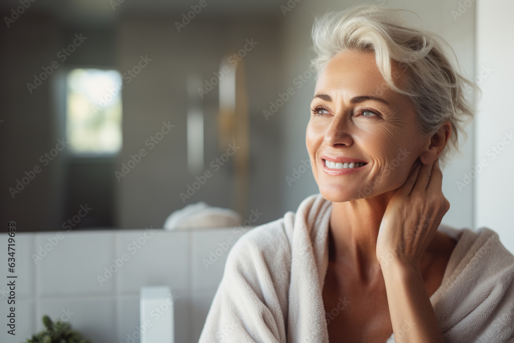 Headshot of gorgeous mid age adult 50 years old blonde woman standing ...