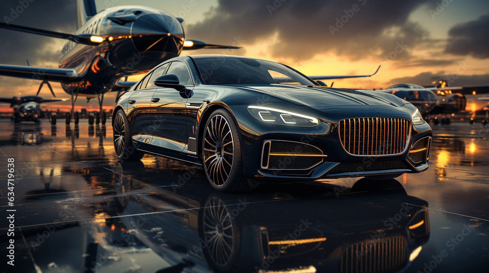 Luxury car and private jet on the runway Stock Photo | Adobe Stock
