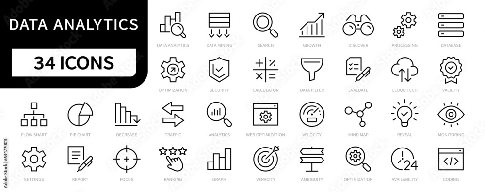 Data Analytics line icon set. Data Analysis icons collection. Data analytics, Processing ...