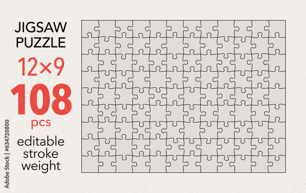 Empty jigsaw puzzle grid template, 12x9 shapes, 108 pieces. Separate ...