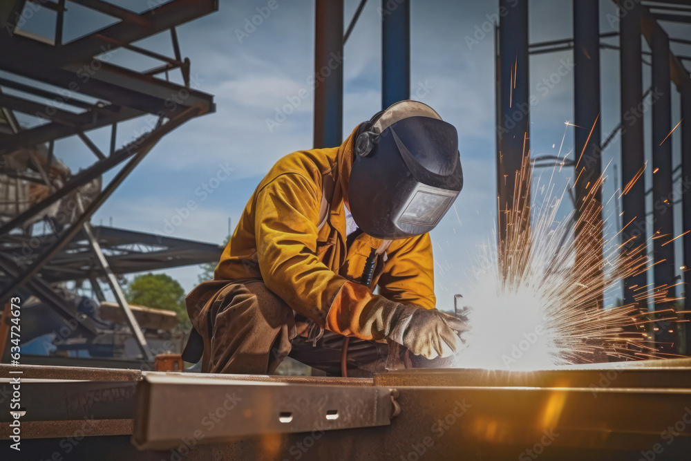 A specialized welder equipped with a black protective helmet and an ...