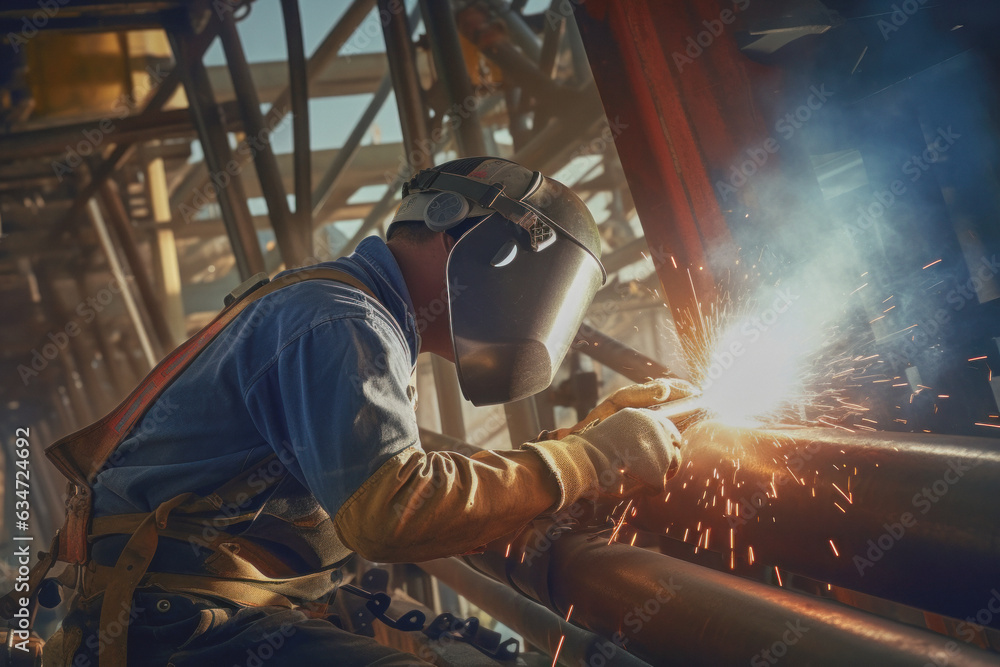 A specialized welder is performing maintenance tasks by welding metal ...