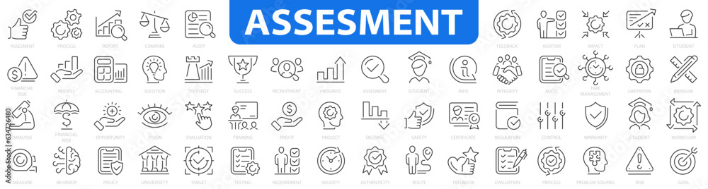 Assessment icon set. Accreditation and evaluation method on business ...
