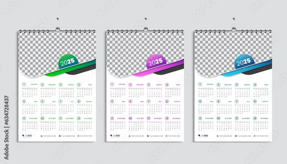 Wall calendar 2025 design template bundle, week starting from Monday ...