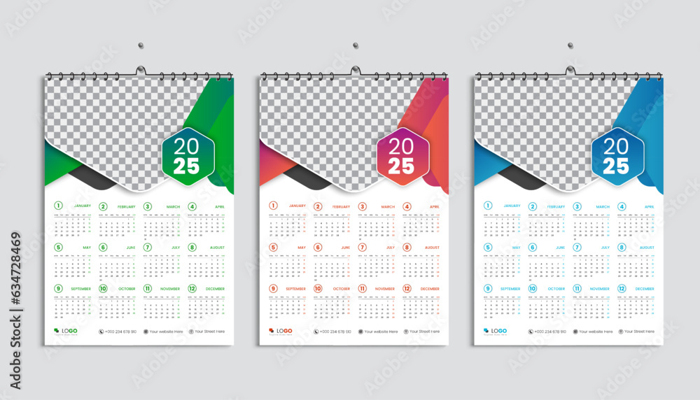 Wall calendar 2025 design template bundle, week starting from Monday ...