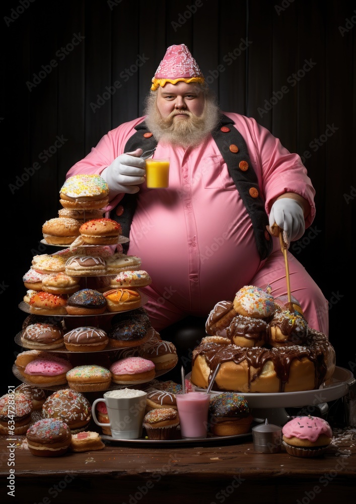 A fat man sits on a mountain of donuts, cakes and sweets. Eating sweets ...