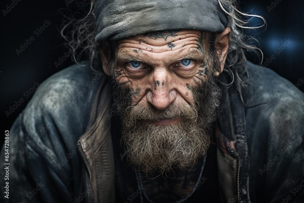 Striking portrait of an older homeless man with face tattoos and ...