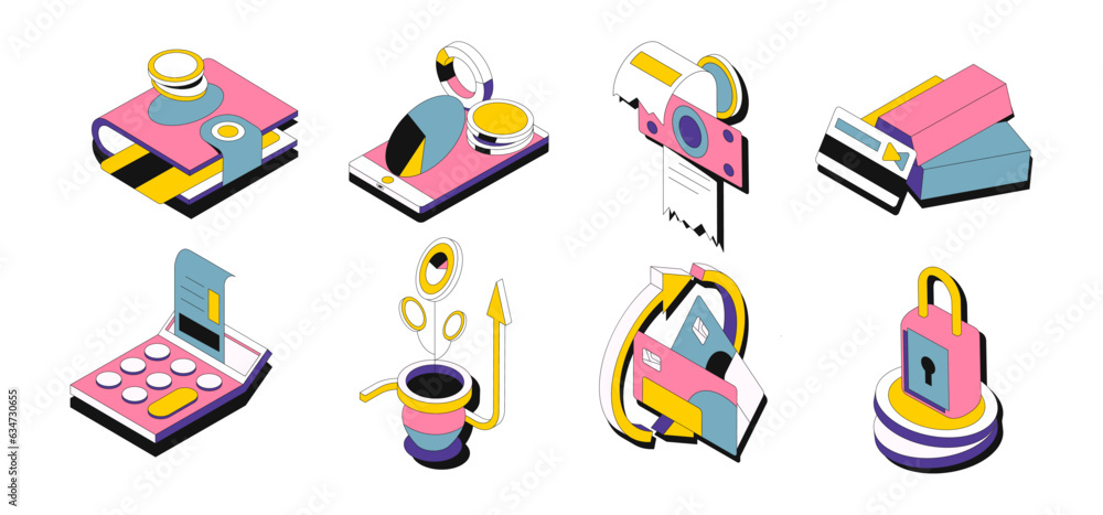 Cartoon money and finance elements. Business icons, arbitrage, bitcoin ...