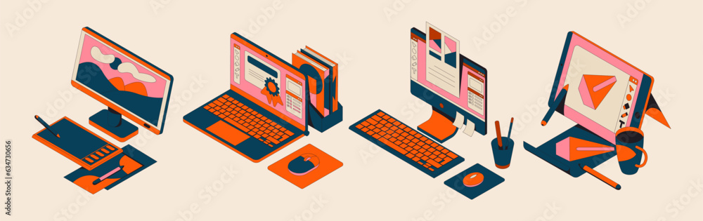 Web UI-UX graphic design. Designer workplace concept. Laptop and ...