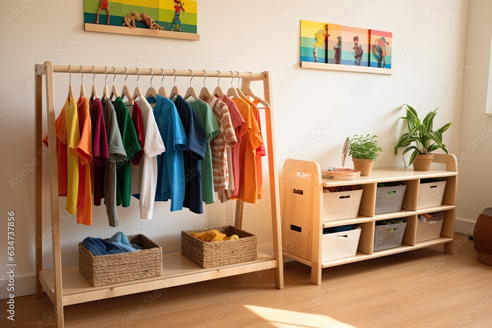 Montessori inspired kids room with clothes rack, table, rainbow, and ...