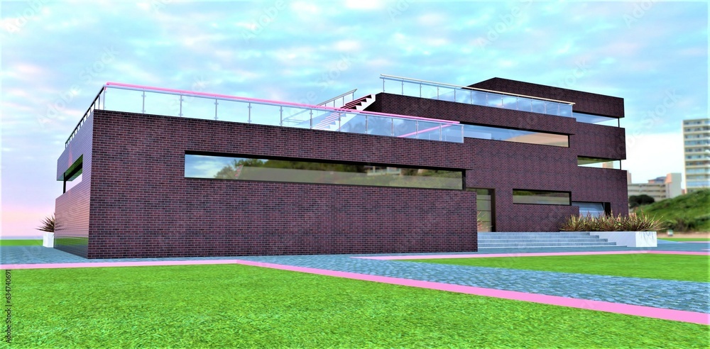 The modern design of a three-story house with a dark red brick exterior ...