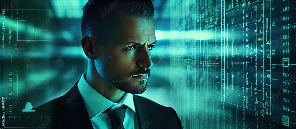 The image shows a businessman with source code and programmer image ...