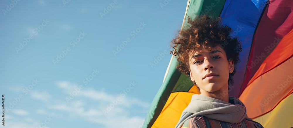 Image of a biracial man confidently waving a rainbow flag on National ...