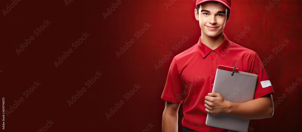 Composite of portrait of young man with clipboard and postal worker day ...