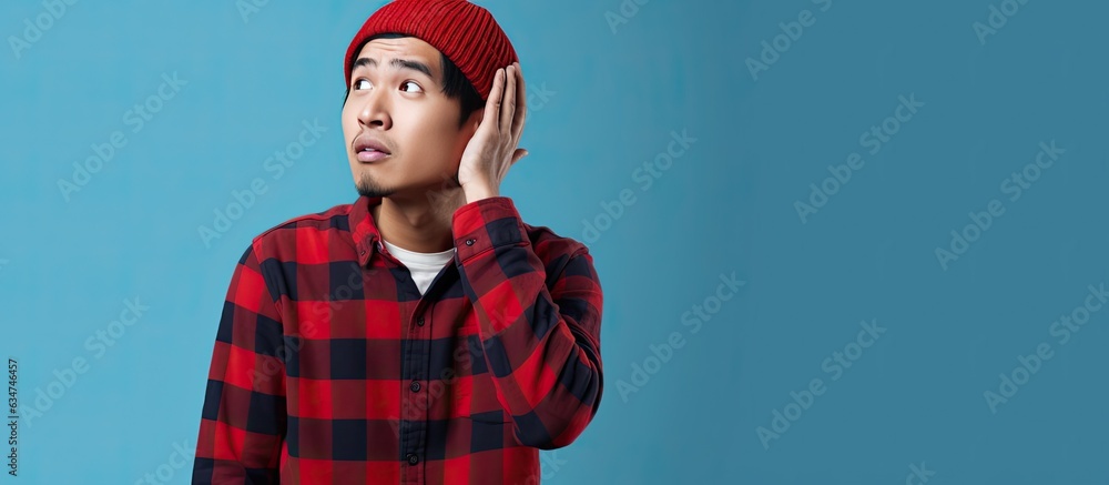An Asian man looking up and scratching his head wearing a beanie hat ...