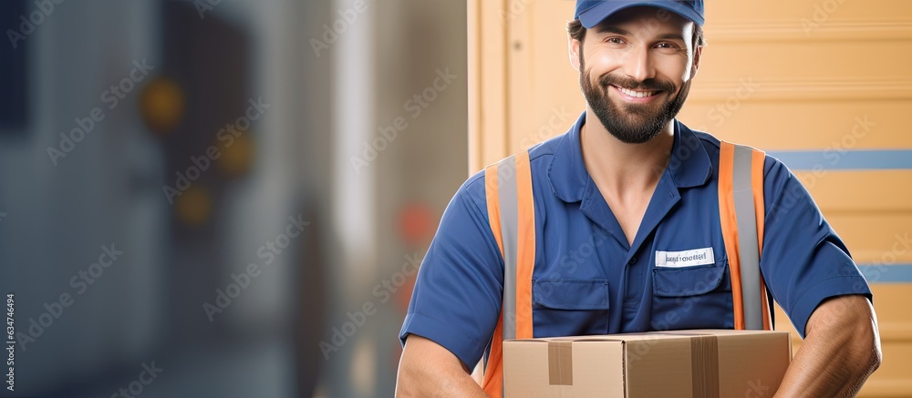 National postal worker day portrait of smiling male worker with box ...