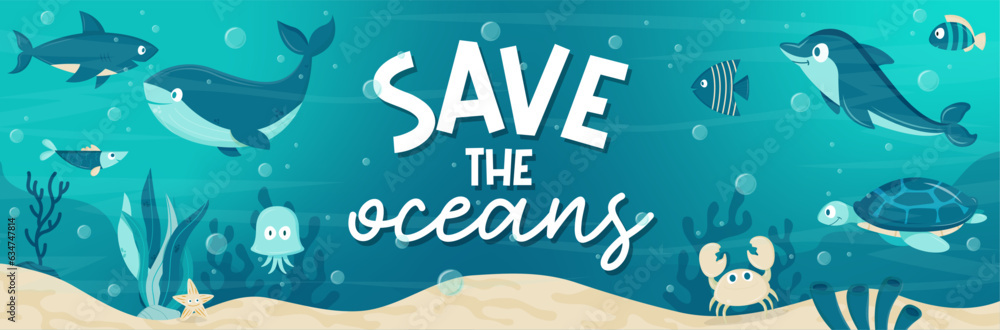 Save the Oceans - World ocean day - Marine life background - Editable ...