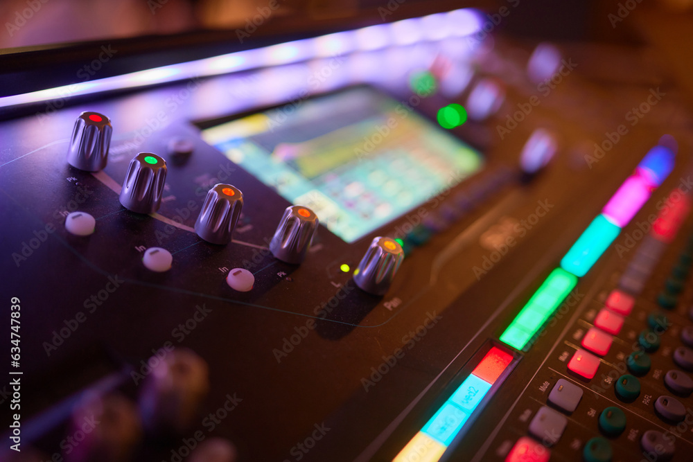 Sound mixer. Professional audio mixing console with lights, buttons ...