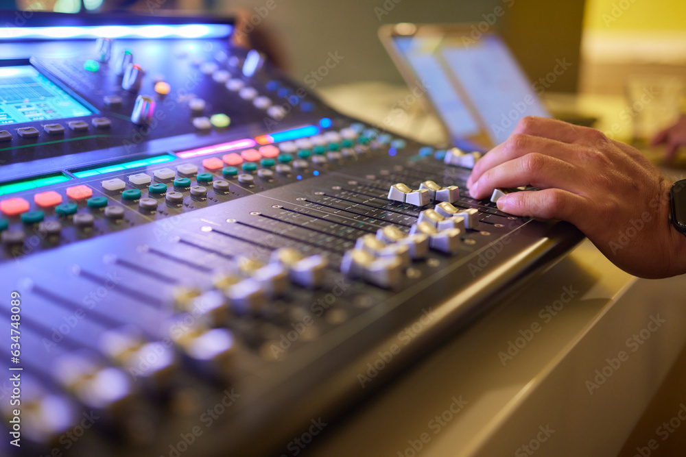 Sound mixer. Professional audio mixing console with lights, buttons ...