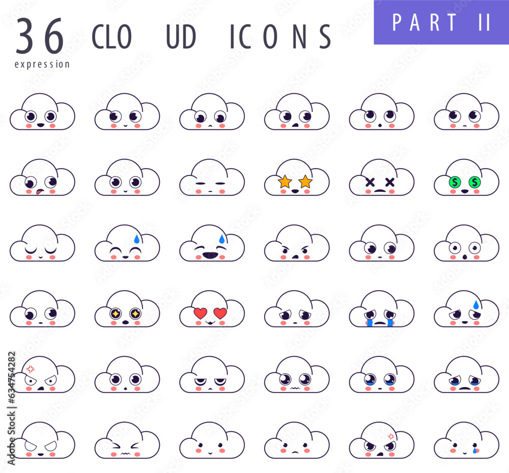 Vetor de cute cloud emoticon. face emoji - cloud emoticons with various ...