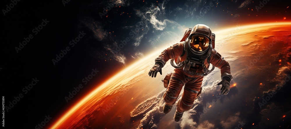 Astronaut in an autonomous space suit in outer space. Studies of near ...