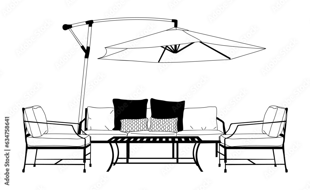 Patio furniture Set. Outdoor, porch zone, garden yard interior elements ...