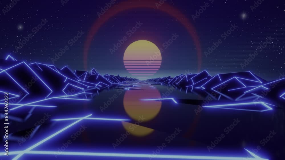 Synthwave Sunset. Animated Background. 80s Sun. Wireframe Landscape ...