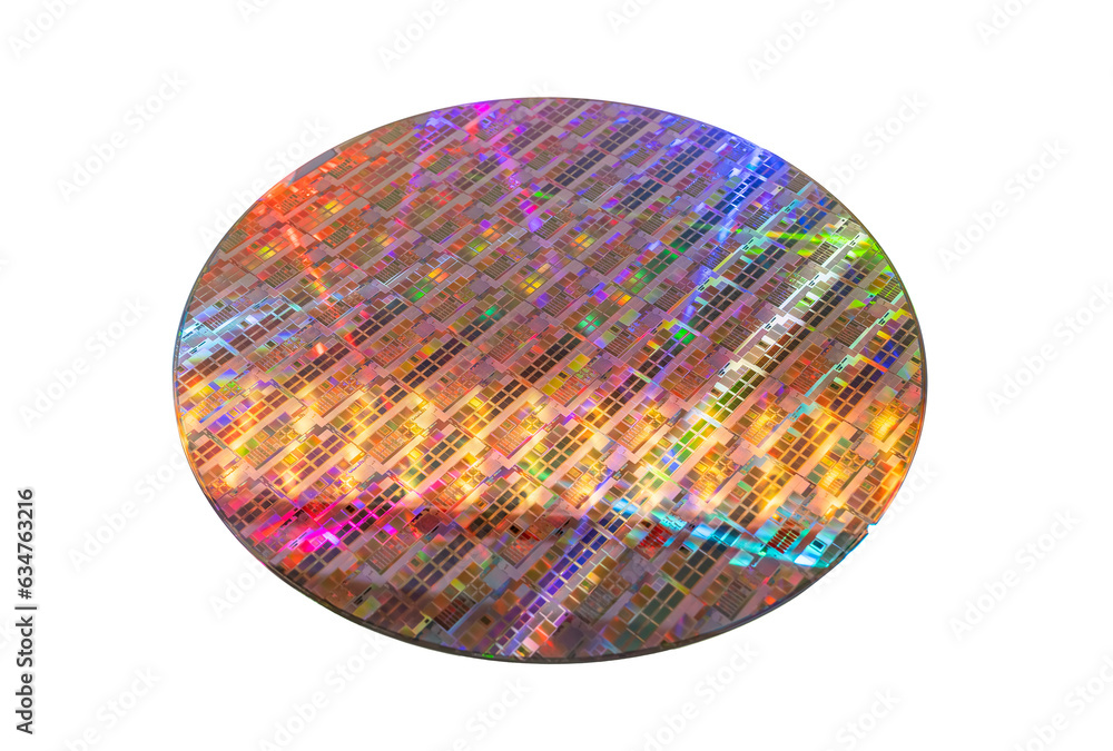 colorful silicon wafer with microchips reflecting different colors ...