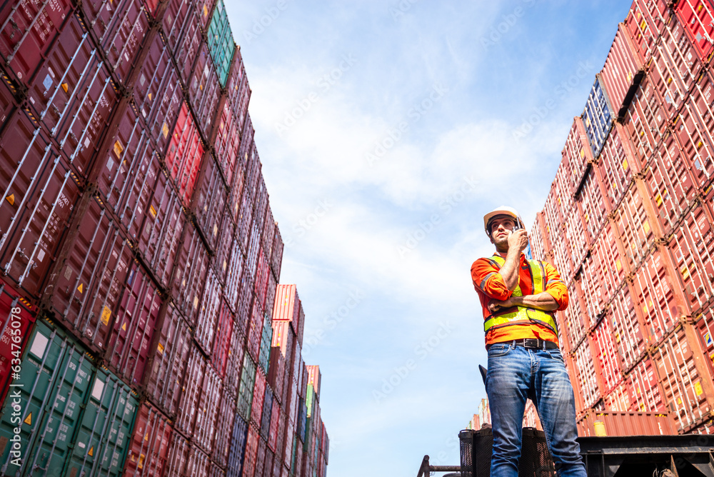 Engineers or industrial workers using walkie-talkie command or ...