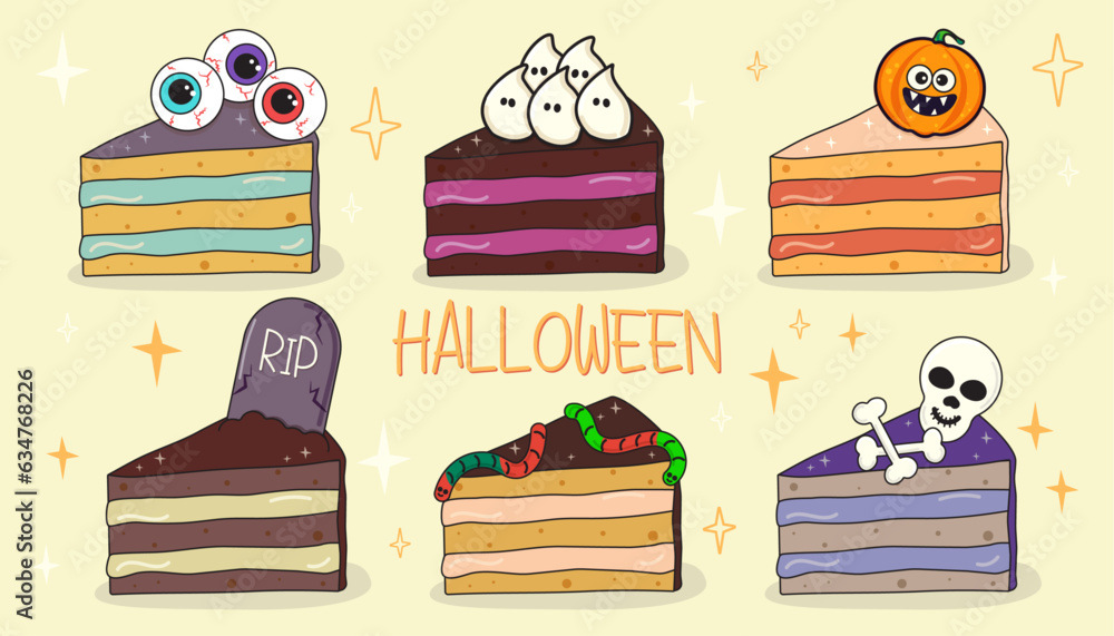 Cartoon set of halloween cakes with eyes, ghosts, pumpkin, grave, worms ...