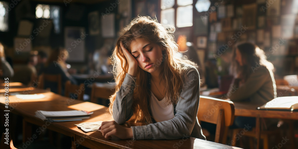Sad and worried teenage girl sitting in a high school classroom Stock ...