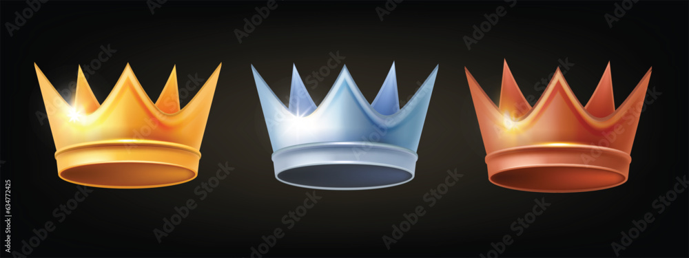 3D crown game badge set, vector golden silver bronze queen king ...