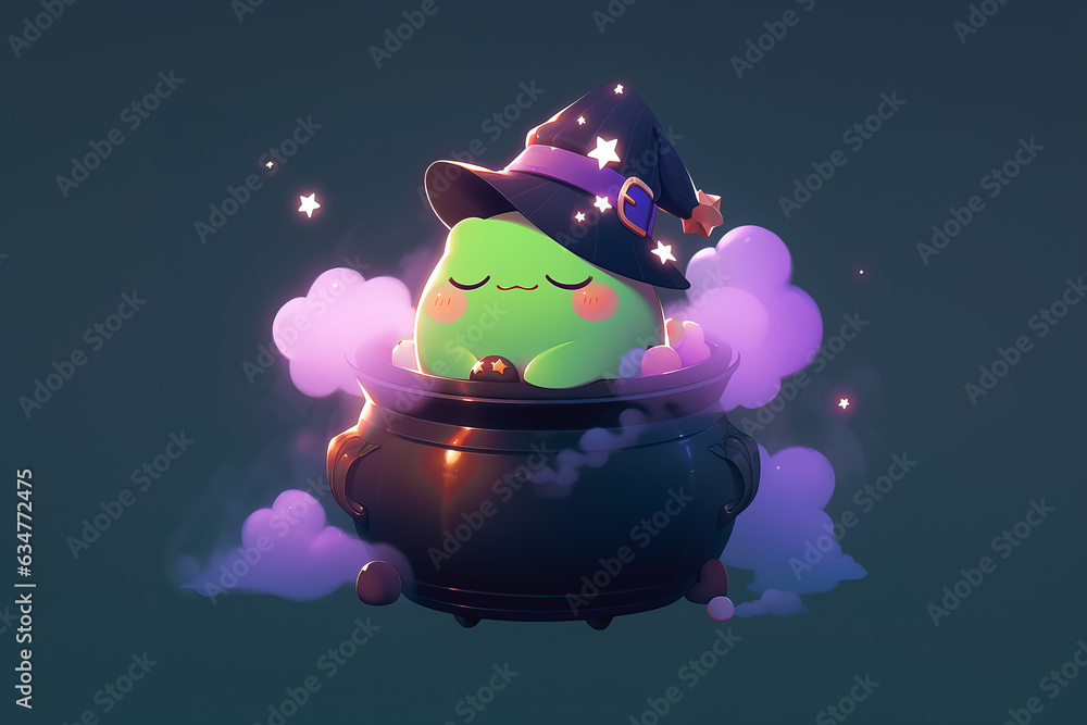 Cute Halloween frog in witch hat in a cauldron. Funny fairy-tale froggy ...
